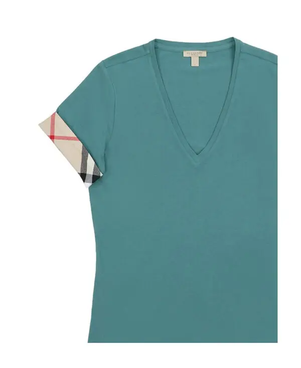 Burberry V-neck Short Sleeve T-shirt With Checkered Cuffs