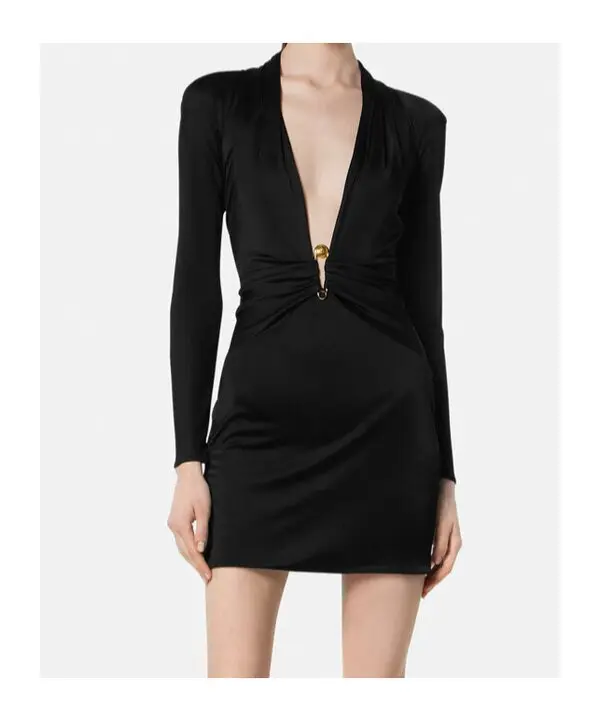 Versace Long-sleeved V-neck Mini Dress With Safety Pin Detail