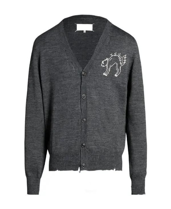 MAISON MARGIELA Logo Motif Embroidered V-neck Cardigan - Dark Grey