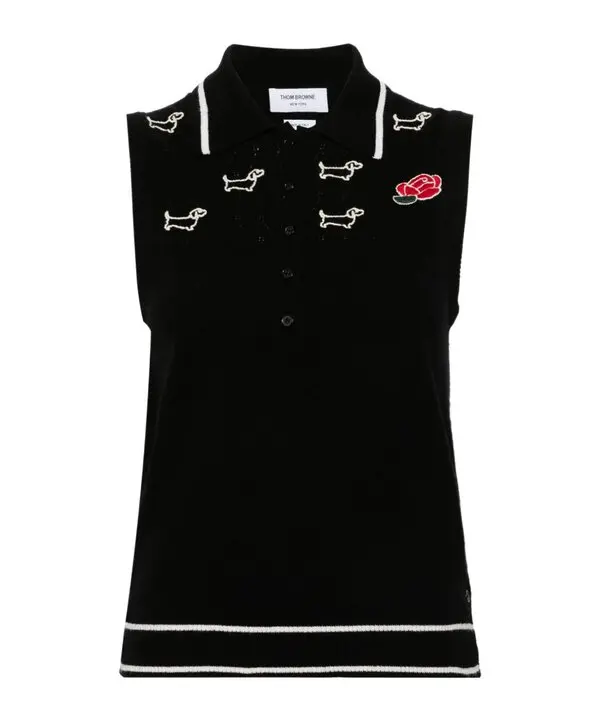 Thom Browne Sleeveless Embroidered Polo Top - Black