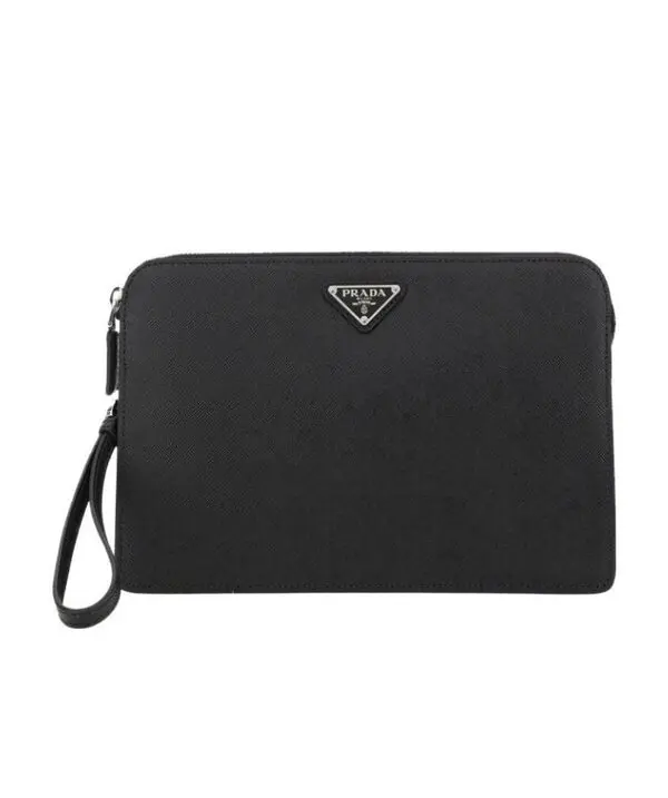 Prada Saffiano Leather Clutch Bag With Logo Plaque - Black
