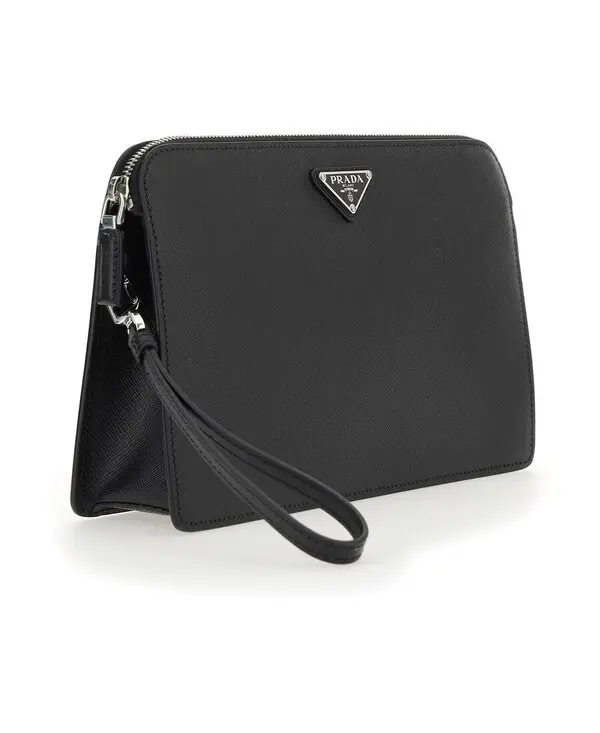Prada Saffiano Leather Clutch Bag With Logo Plaque