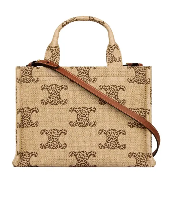 Celine Small Cabas Thais In Raffia Effect Textile With Leopard Triomphe
