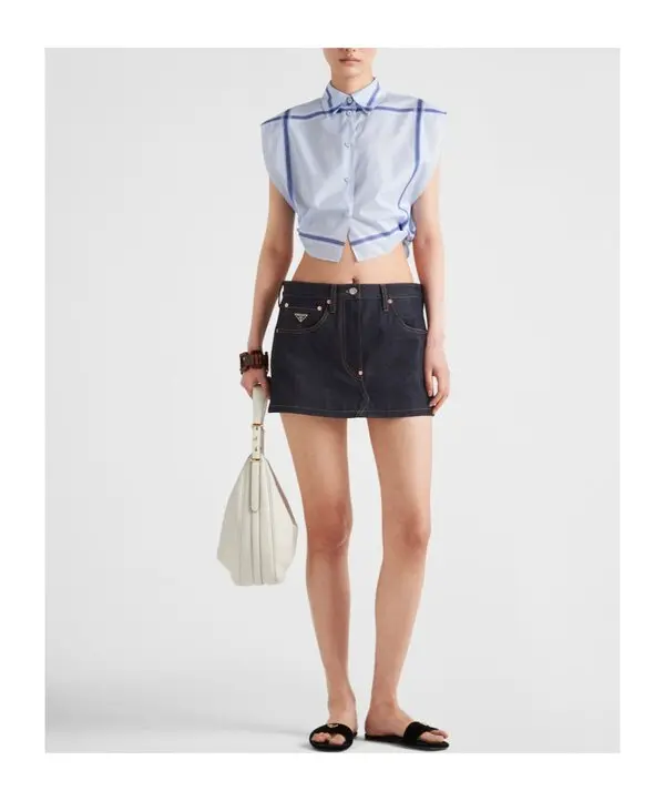 Prada Cropped Checked Cotton Shirt With Embroidered Logo