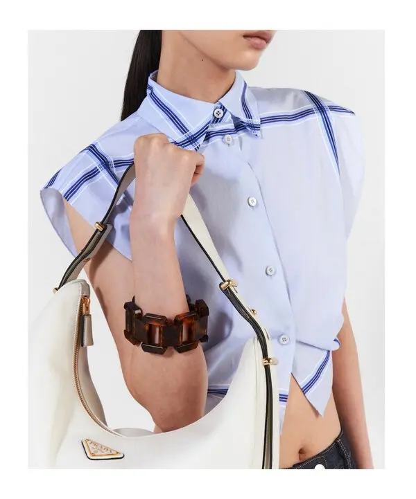 Prada Cropped Checked Cotton Shirt With Embroidered Logo