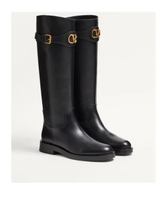 Valentino Garavani Logo Plaque Buckle Detailed Knee High Boots