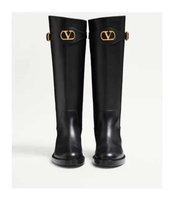 Valentino Garavani Logo Plaque Buckle Detailed Knee High Boots