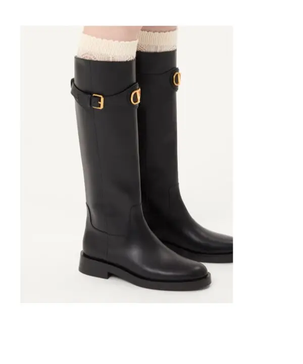 Valentino Garavani Logo Plaque Buckle Detailed Knee High Boots