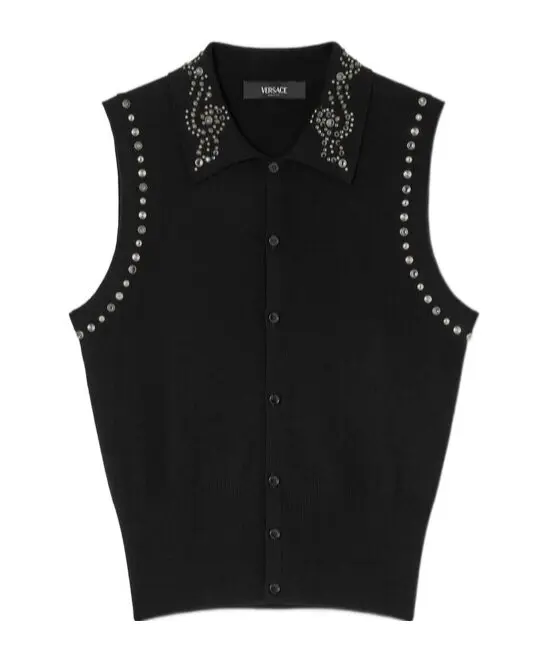 Versace Embellished Sleeveless Knitted Top With Peak Collar