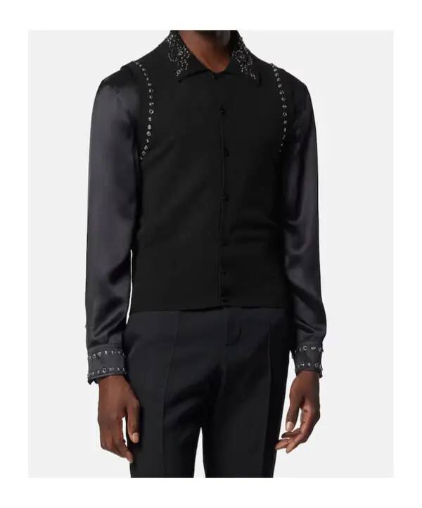 Versace Embellished Sleeveless Knitted Top With Peak Collar