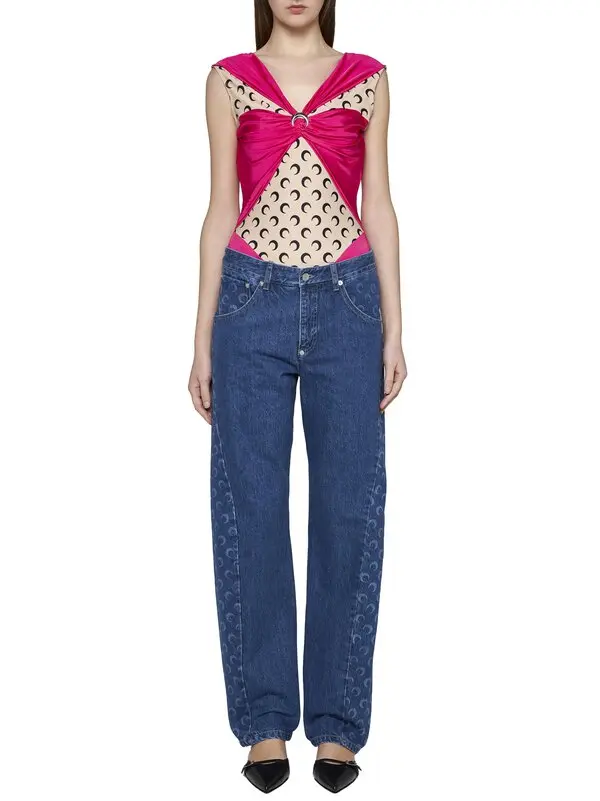 MARINE SERRE Sleeveless V-neck Draped Bodysuit With Moon Pattern