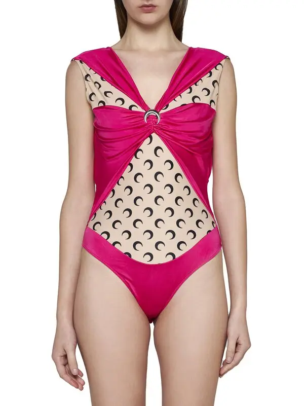 MARINE SERRE Sleeveless V-neck Draped Bodysuit With Moon Pattern