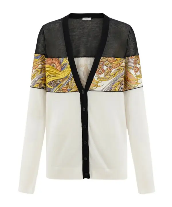 FERRAGAMO V-neck Cardigan With Silk Inserts - White/blue