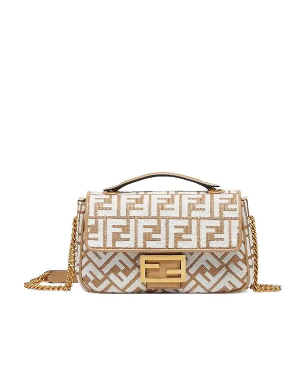 Fendi Baguette Chain Midi Shoulder Bag In Raffia With Ff Motif - Nude