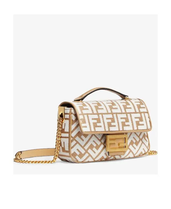 Fendi Baguette Chain Midi Shoulder Bag In Raffia With Ff Motif - Nude