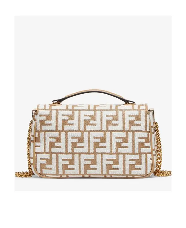 Fendi Baguette Chain Midi Shoulder Bag In Raffia With Ff Motif - Nude
