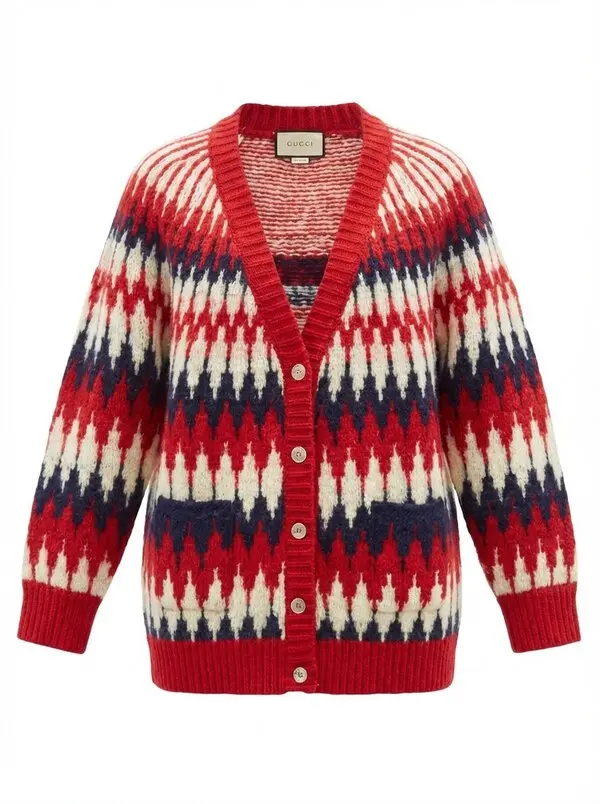 Gucci Zigzag Jacquard Organic Wool Cardigan - Red