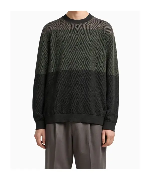 Emporio Armani Virgin Wool Jumper With Micro Jacquard Op-art Diamonds - Green