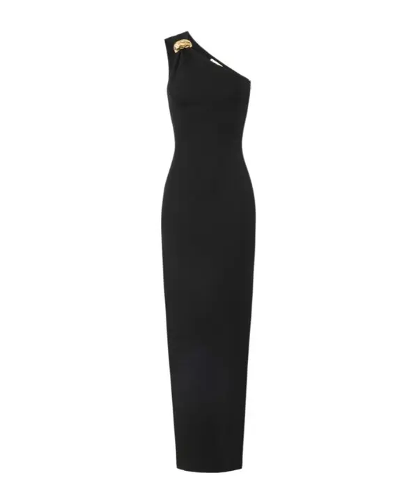Elisabetta Franchi Milano Stitch Knit One-shoulder Gown With Jewel Clasp - Black