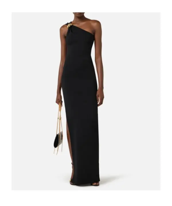 Elisabetta Franchi Milano Stitch Knit One-shoulder Gown With Jewel Clasp - Black