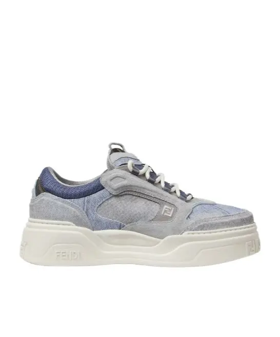 Fendi Force Denim Effect Lace-up Sneakers - Gray And Light Blue