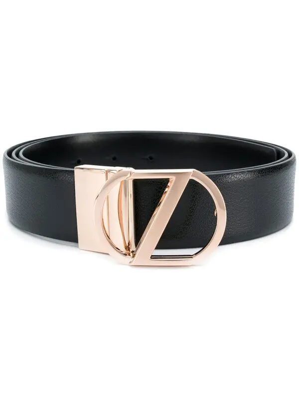 Zegna Rose Gold Tone Logo Buckle Leather Belt - Black