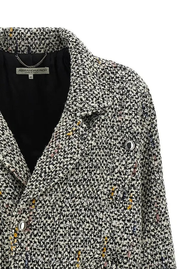 Alessandra Rich Tweed Speckled Bomber Jacket With Micro Sequins