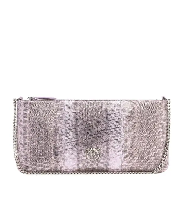 Pinko Galleria Horizontal Flat Crossbody Bag In Glittery Reptile Leather - Gray
