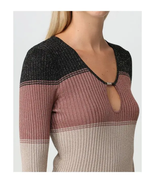 Liu Jo Lurex Striped Ribbed Knit Top With Cut-out Detail