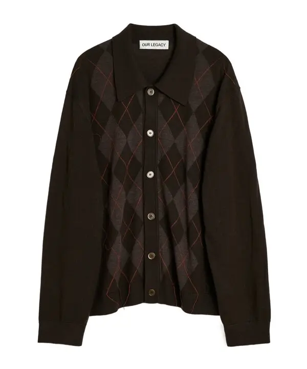 Our Legacy Tonal Argyle Pattern Evening Knitted Polo - Black
