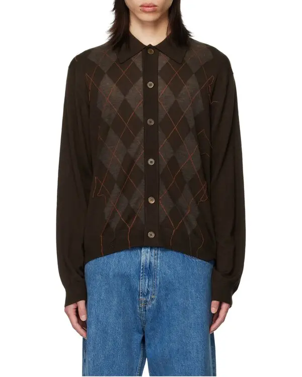 Our Legacy Tonal Argyle Pattern Evening Knitted Polo - Black