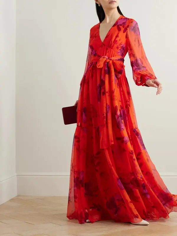 Erdem V-neck Long-sleeved Maxi Dress With Floral Print And Draped Detail