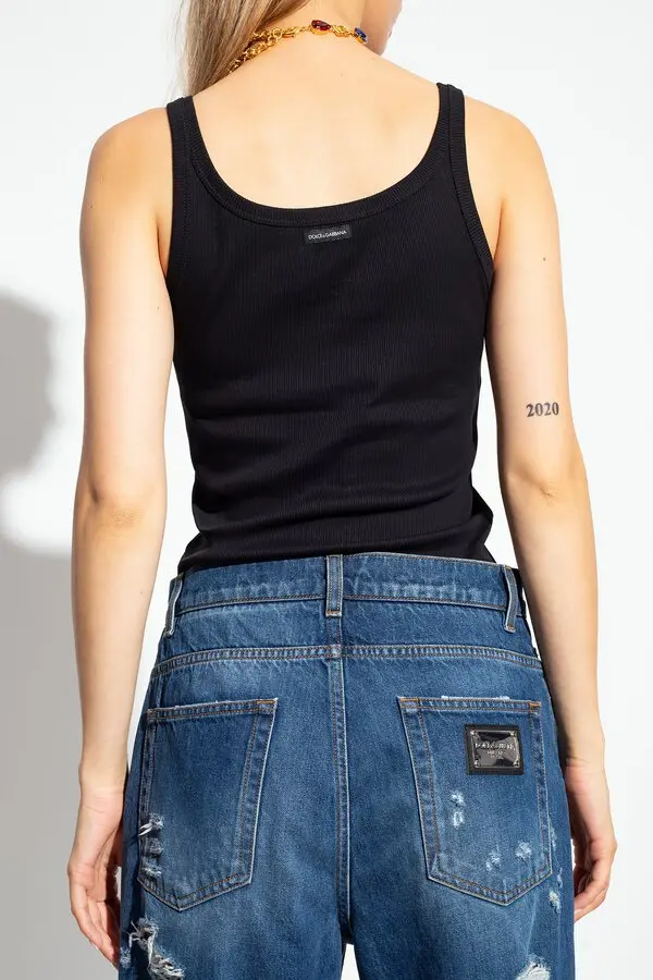 Dolce & Gabbana Ribbed Crewneck Tank Top With Logo Patch - Black