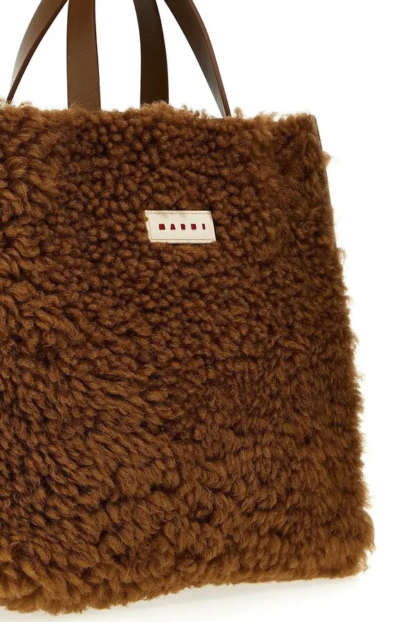 Marni Logo Patch Fur Tote Bag - Brown
