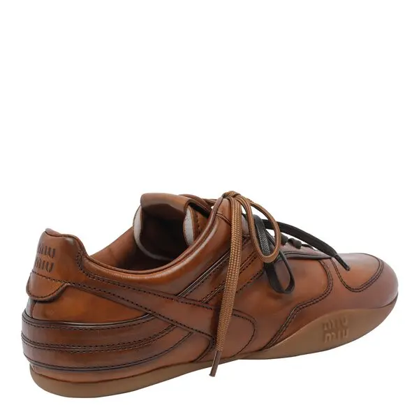 Miu Miu Round Toe Lace-up Flats With Designer Logo - Cognac