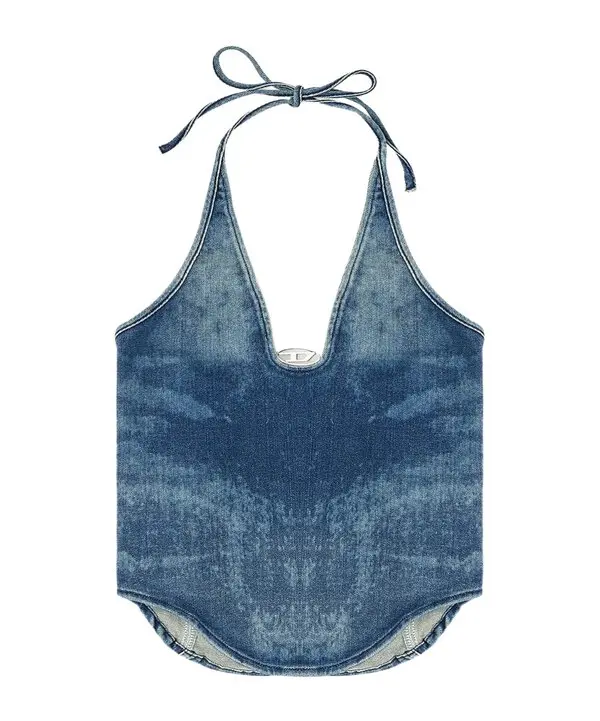 DIESEL® Halter-neck Denim Top With Distressing And Oval D Logo - Medium Blue
