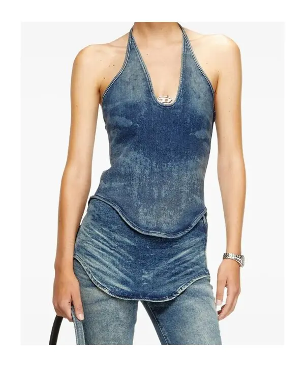 DIESEL® Halter-neck Denim Top With Distressing And Oval D Logo