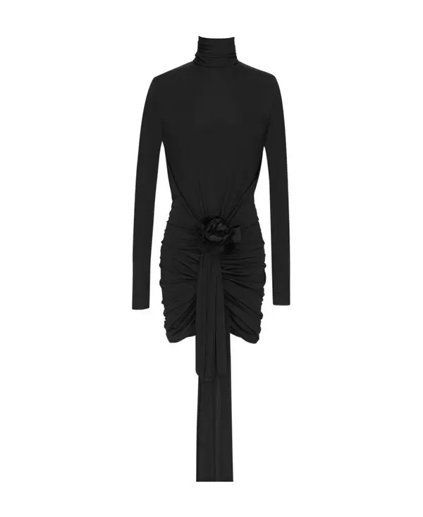 Saint Laurent Draped Floral Detail Turtleneck Mini Dress - No