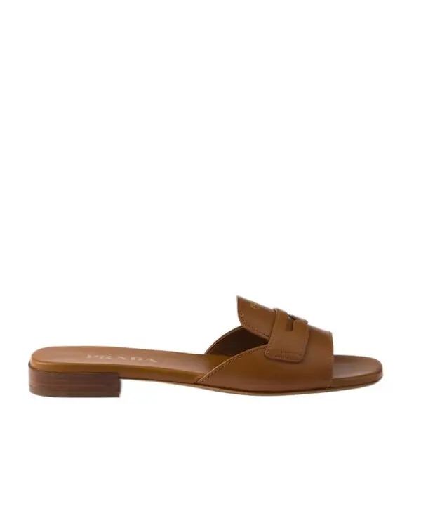 Prada Leather Slides With Logo Detail - Camel