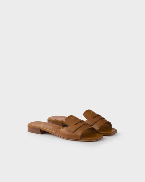 Prada Leather Slides With Logo Detail - Camel