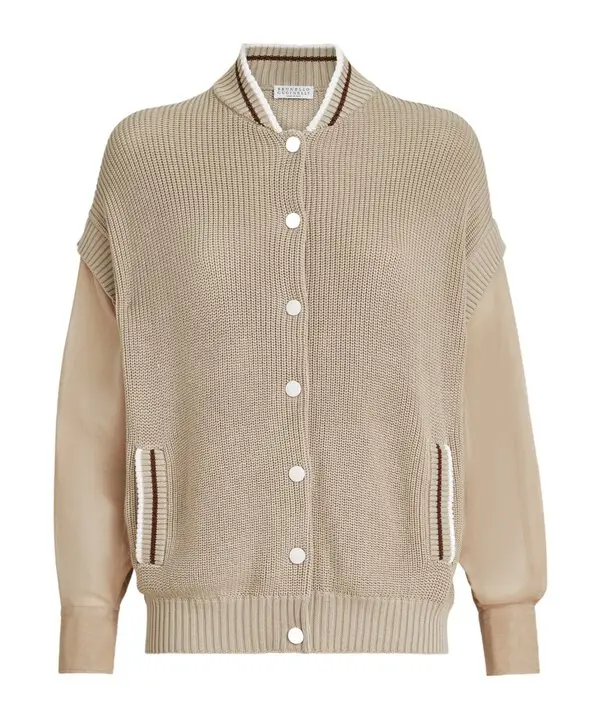Brunello Cucinelli Striped Trim Knitted Cardigan - Beige