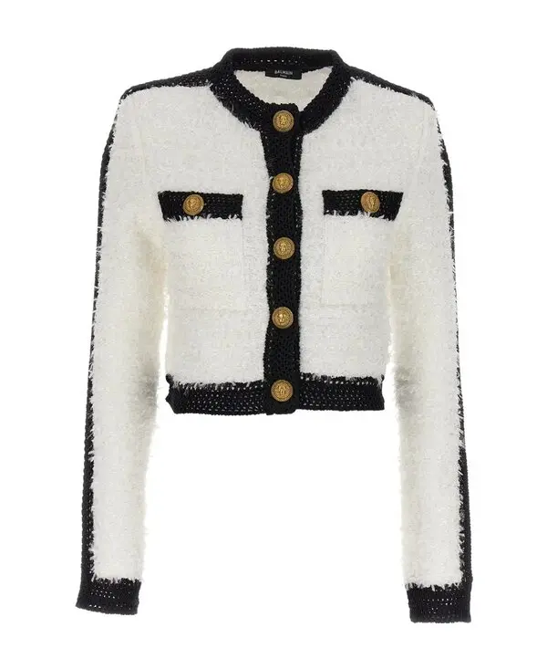 Balmain Cropped Buttoned Tweed Jacket - White