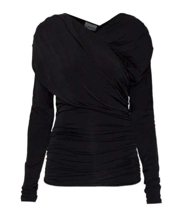 GANNI Draped V-neck Long-sleeve Top - Black