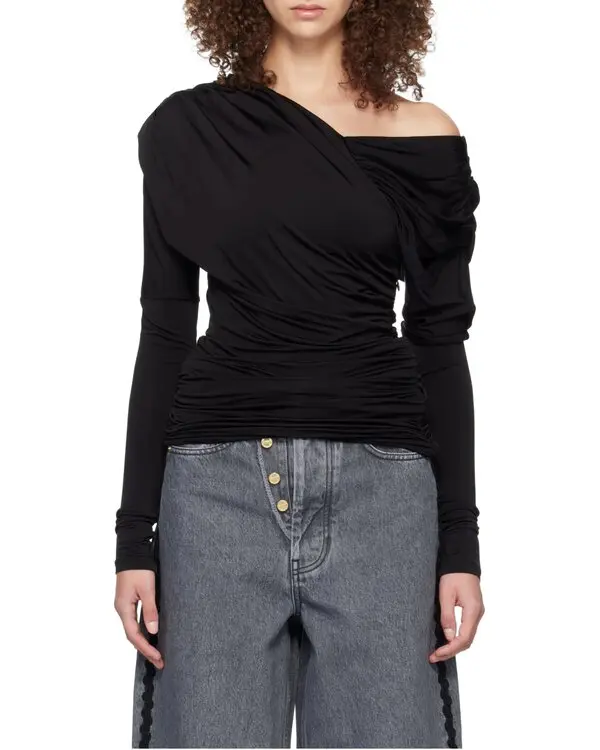 GANNI Draped V-neck Long-sleeve Top - Black