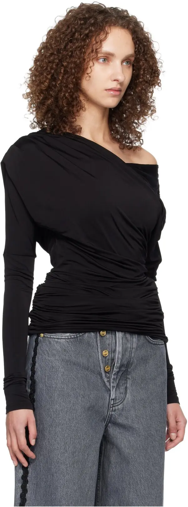 GANNI Draped V-neck Long-sleeve Top - Black