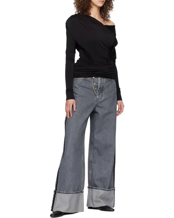 GANNI Draped V-neck Long-sleeve Top - Black