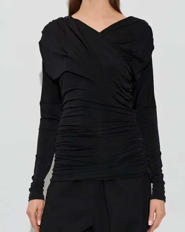 GANNI Draped V-neck Long-sleeve Top - Black
