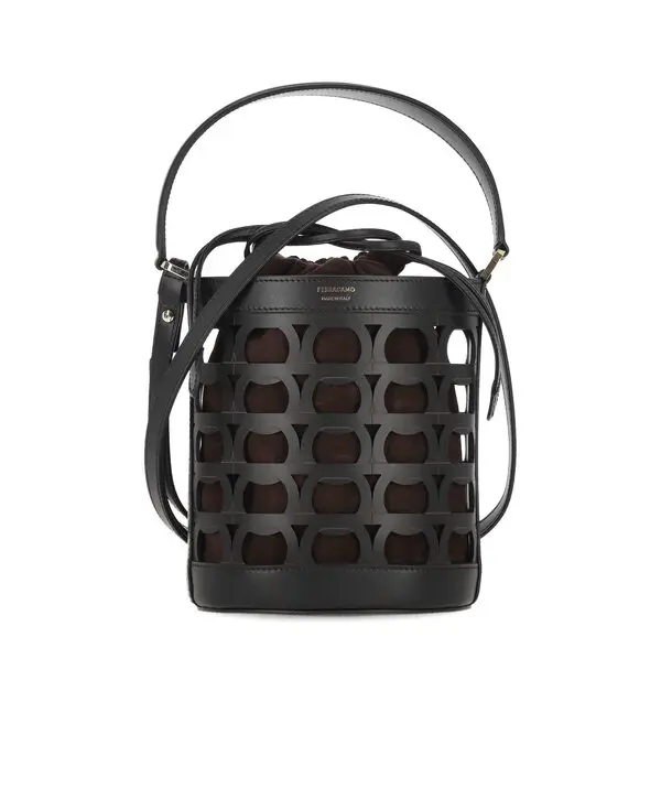 FERRAGAMO Logo Printed Cut Out Bucket Bag - Black