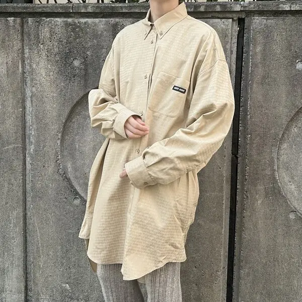 Miu Miu Long Sleeve Shirt Dress With All-over Logo Pattern