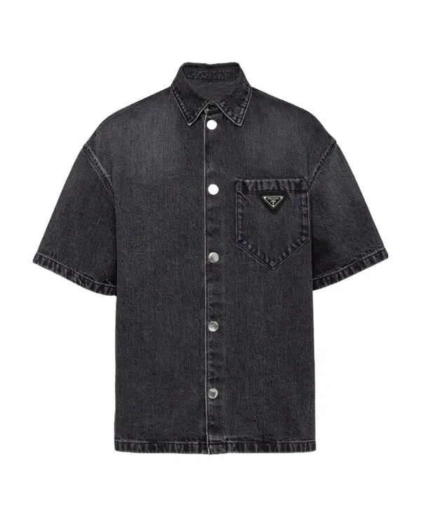 Prada Logo Plaque Short Sleeved Denim Shirt - Black
